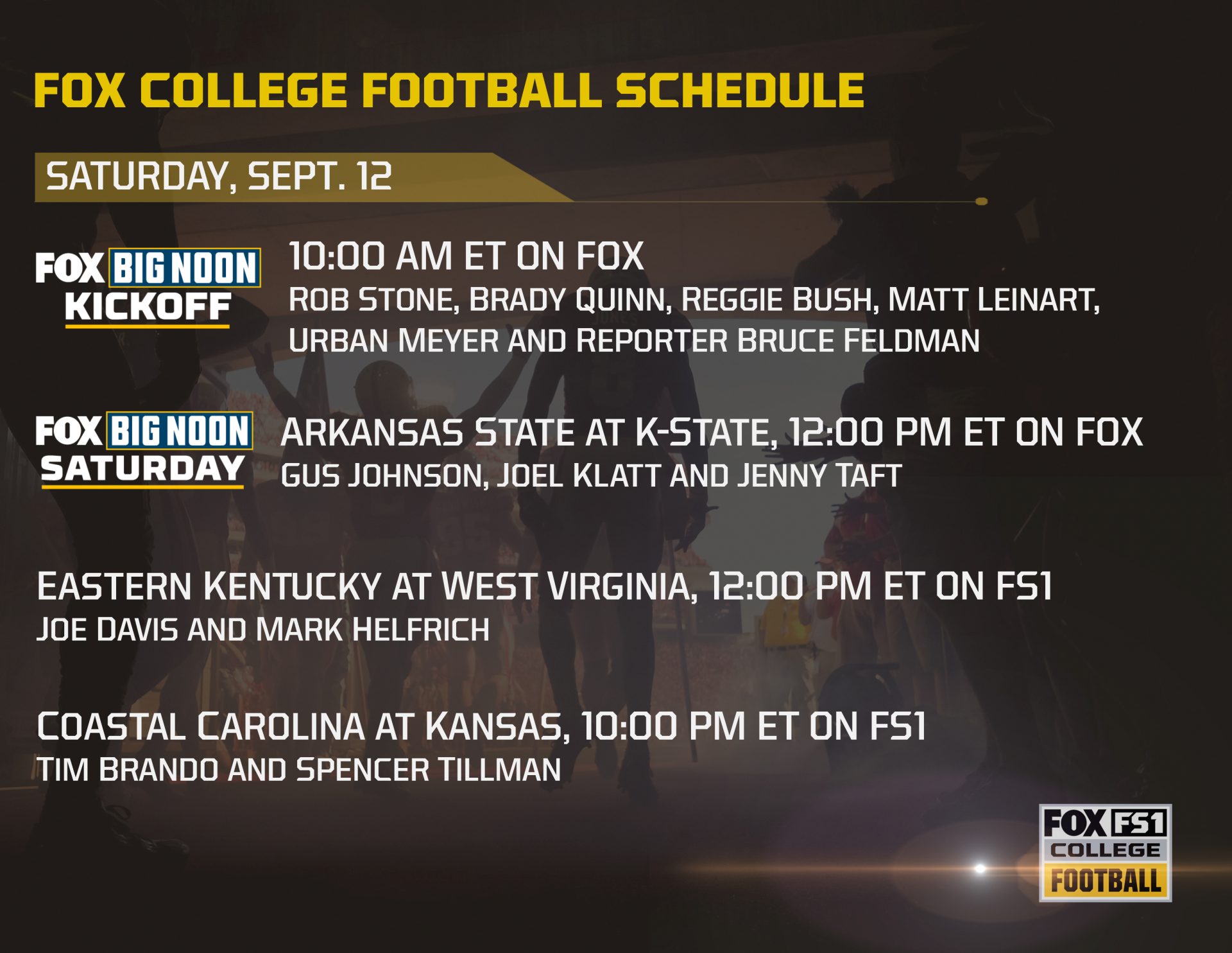 FOX Sports Announces 2020 Fall College Football On-Air Lineup - Fox ...