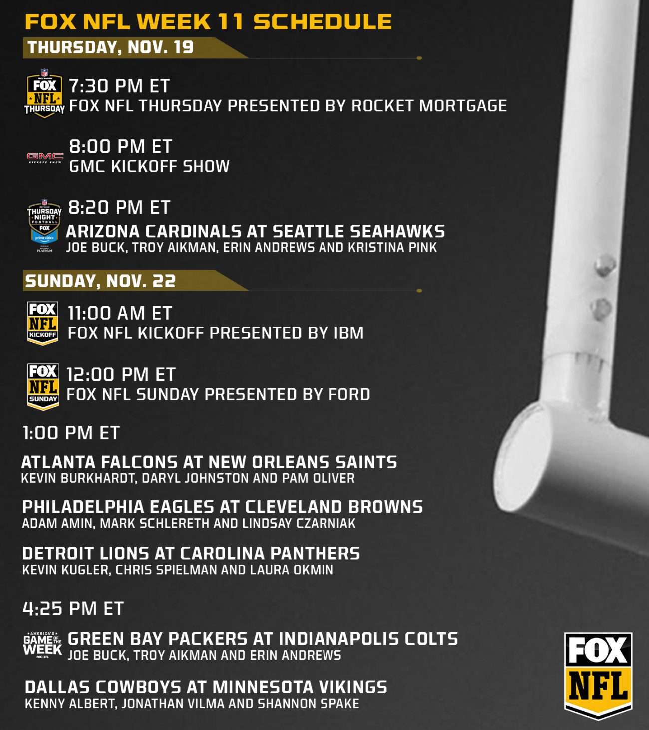 FOX NFL Week 11 Schedule and Regionalization - Fox Sports Press Pass