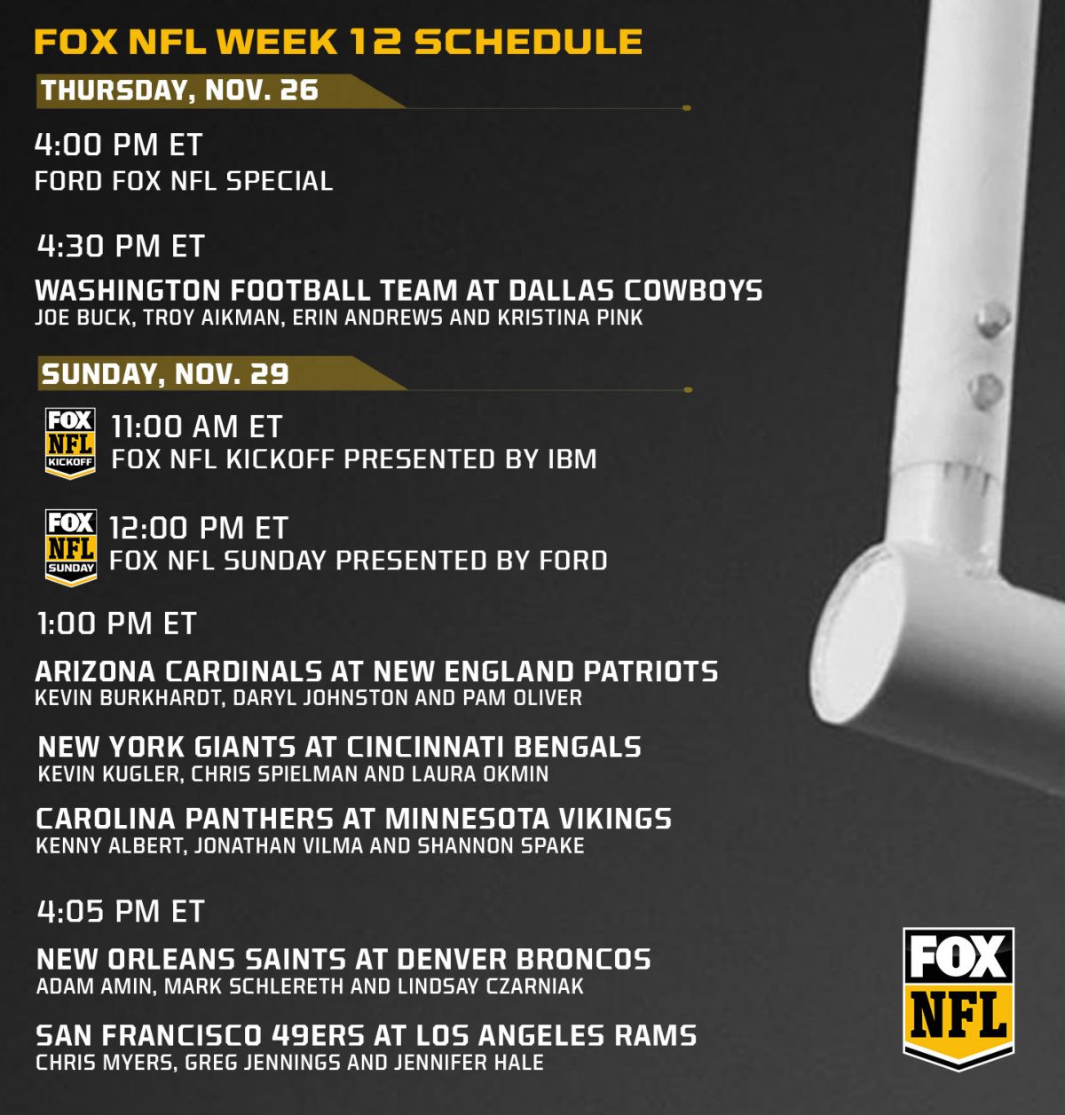 FOX NFL Week 12 Schedule and Regionalization - Fox Sports Press Pass