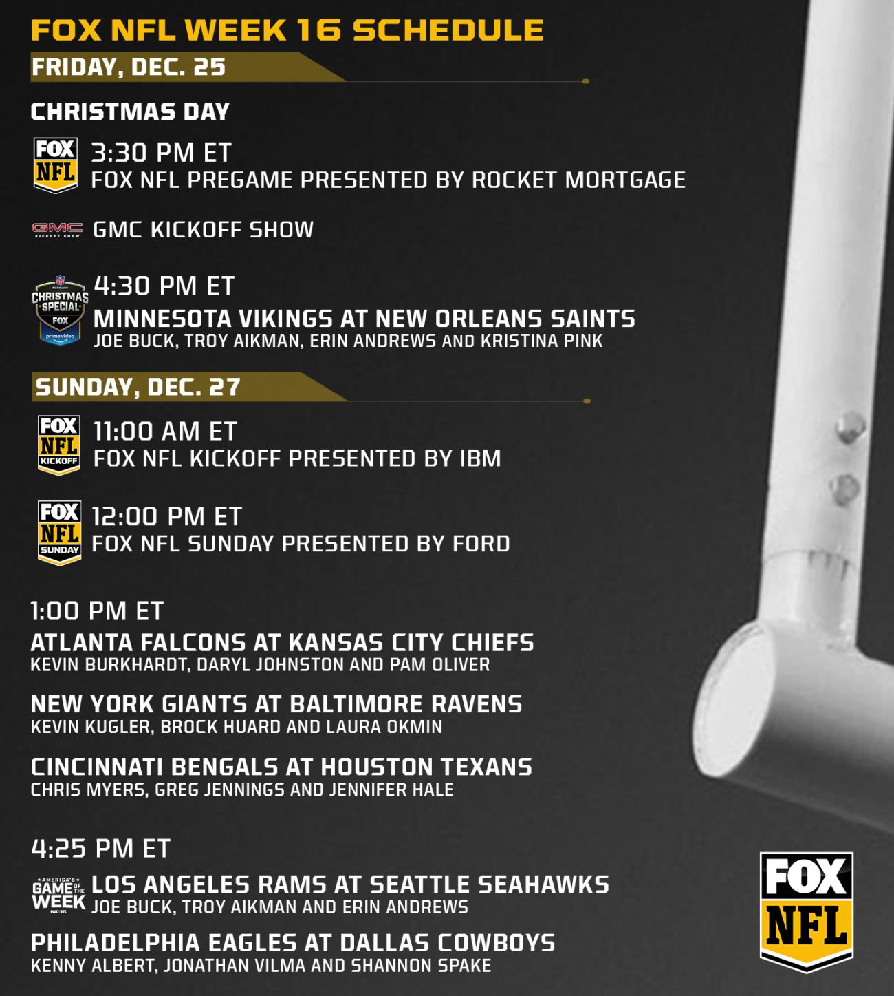 FOX NFL Week 16 Schedule and Regionalization - Fox Sports Press Pass