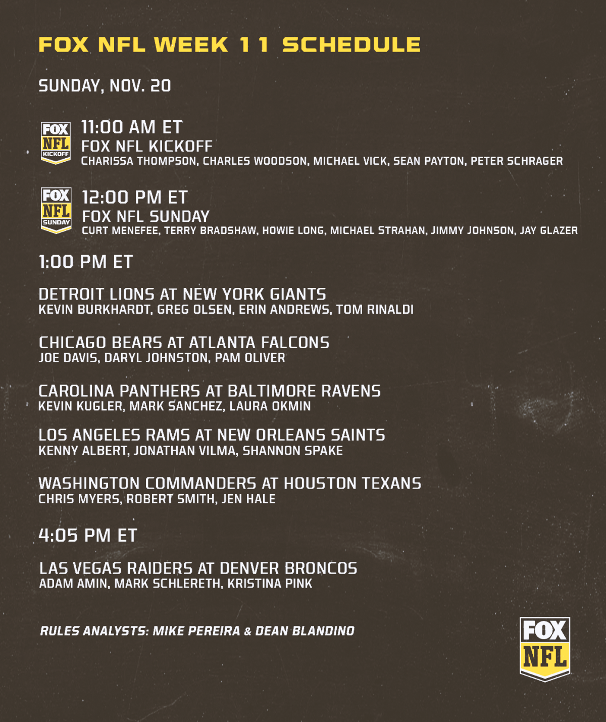 FOX NFL Week 11 Schedule and Regionalization - Fox Sports Press Pass