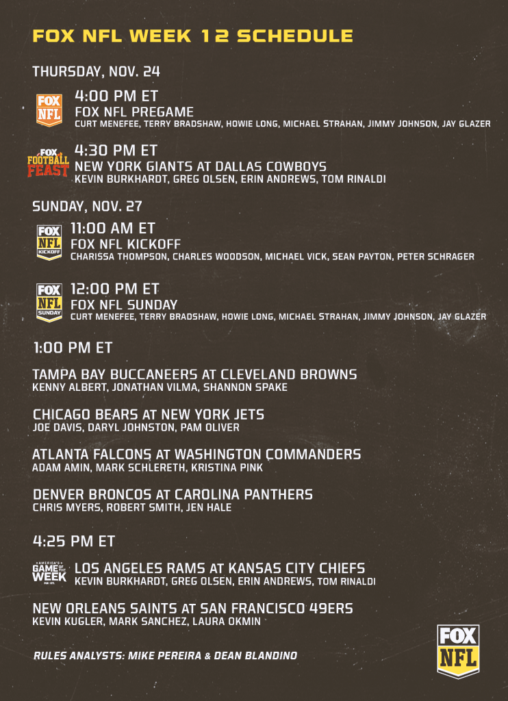 FOX NFL Week 12 Schedule and Regionalization - Fox Sports Press Pass