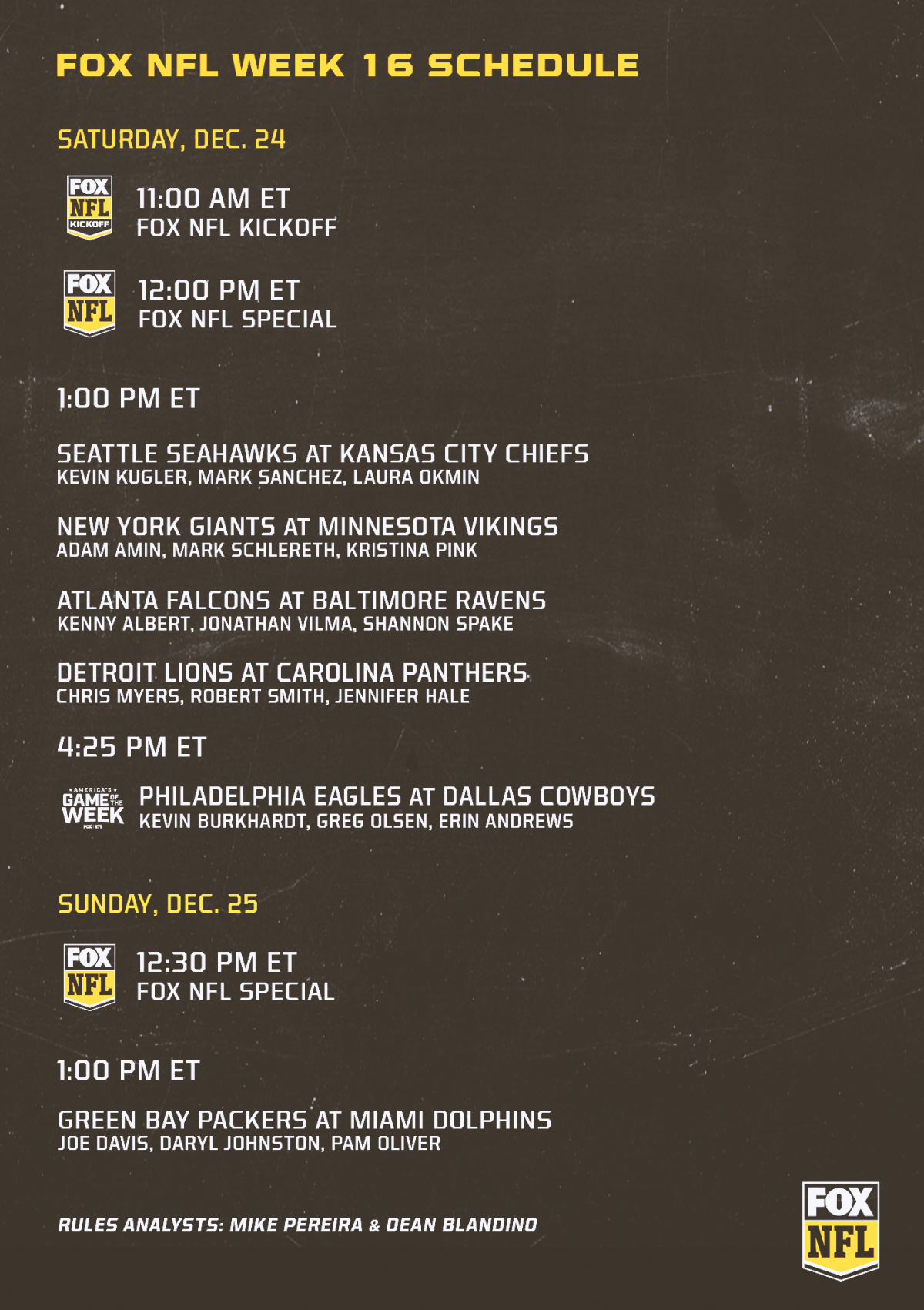 FOX NFL Week 16 Schedule and Regionalization - Fox Sports Press Pass