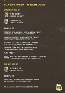 FOX NFL Week 16 Schedule and Regionalization - Fox Sports Press Pass