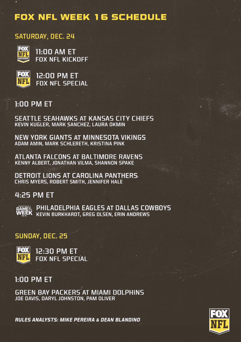 FOX NFL Week 16 Schedule and Regionalization - Fox Sports Press Pass