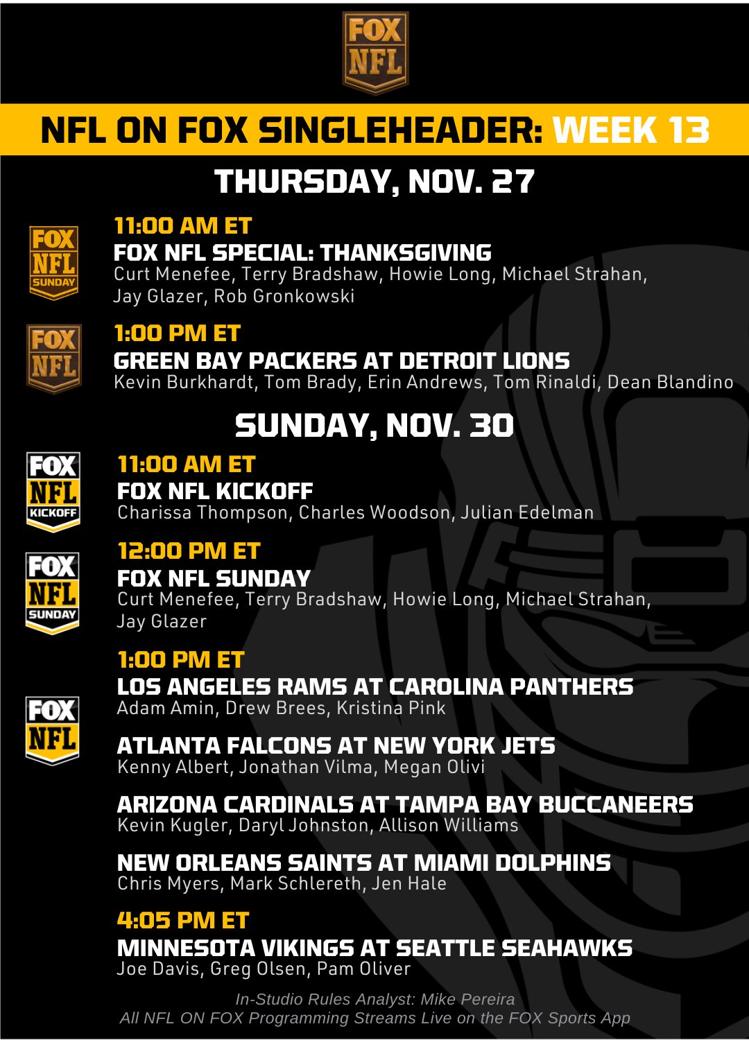 NFL on FOX Week 13 Schedule and Regionalization - Fox Sports Press Pass