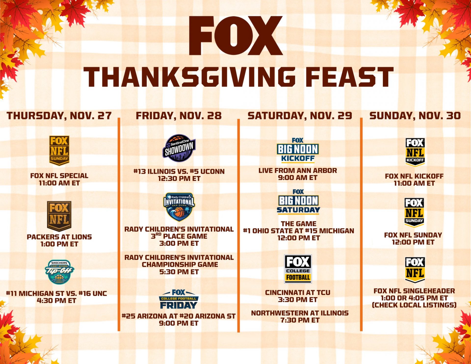 FOX Thanksgiving Weekend Schedule - Fox Sports Press Pass